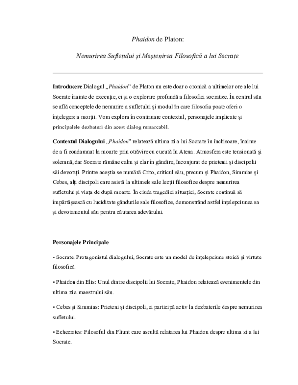 (PDF) Phaidon de Platon - Nemurirea Sufletului și Moștenirea Filosofică a lui Socrate