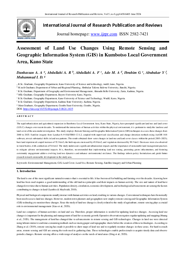 (PDF) Assessment of Land Use Changes Using Remote Sensing and ...