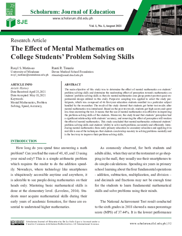 (PDF) The Effect of Mental Mathematics on College Students' Problem Solving Skills