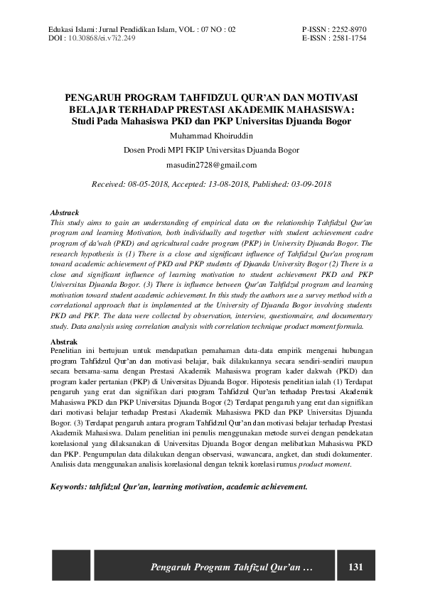 (PDF) PENGARUH PROGRAM TAHFIDZUL QUR’AN DAN MOTIVASI BELAJAR TERHADAP PRESTASI AKADEMIK ...
