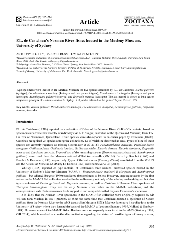 (PDF) F.L. de Castelnau’s Norman River fishes housed in the Macleay ...