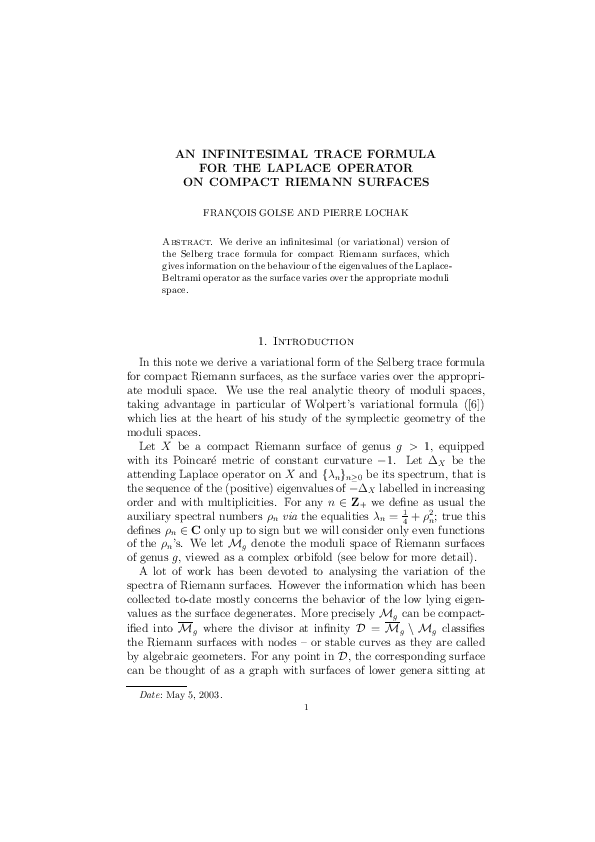 (PDF) An infinitesimal trace formula for the Laplace operator on ...