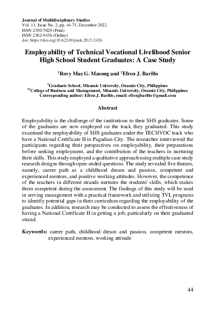 (PDF) Employability of Technical Vocational Livelihood Senior High ...