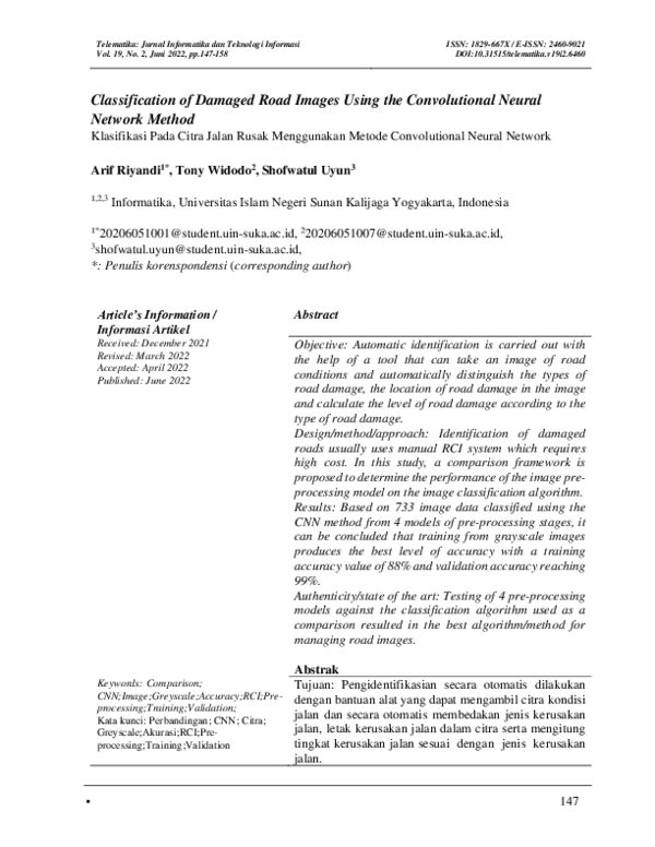 (PDF) Classification of Damaged Road Images Using the Convolutional Neural Network Method