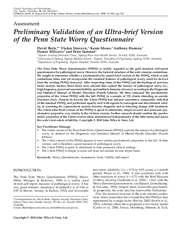 (PDF) Preliminary validation of an ultra‐brief version of the Penn State Worry Questionnaire