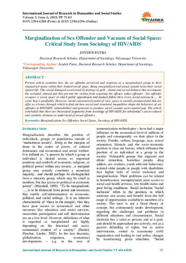 (PDF) Marginalization of Sex Offender and Vacuum of Social Space ...