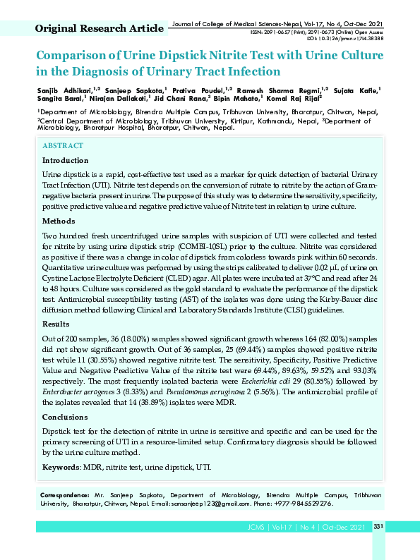 (PDF) Comparison of Urine Dipstick Nitrite Test with Urine Culture in ...
