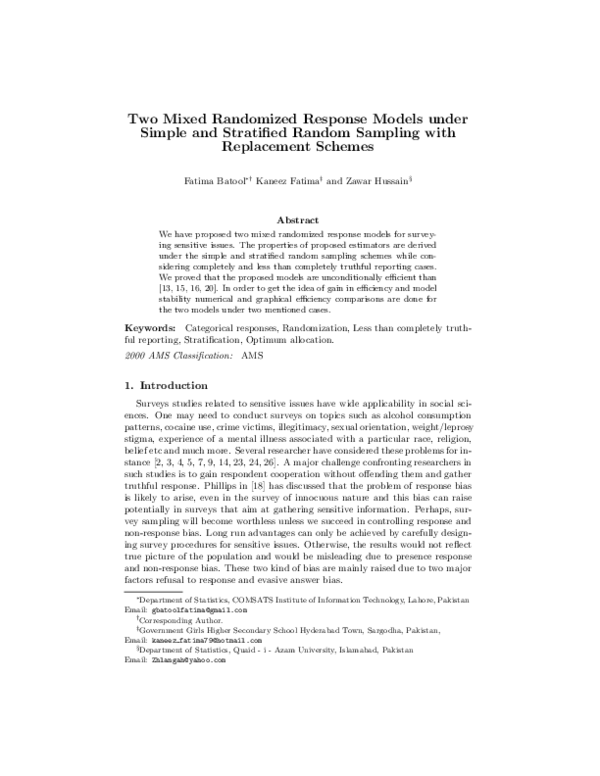 (PDF) Two Mixed Randomized Response Models under Simple and Stratified Random Sampling with ...