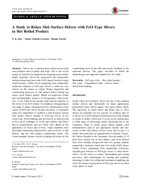 (PDF) A Study to Relate Slab Surface Defects with FeO-Type Slivers in ...