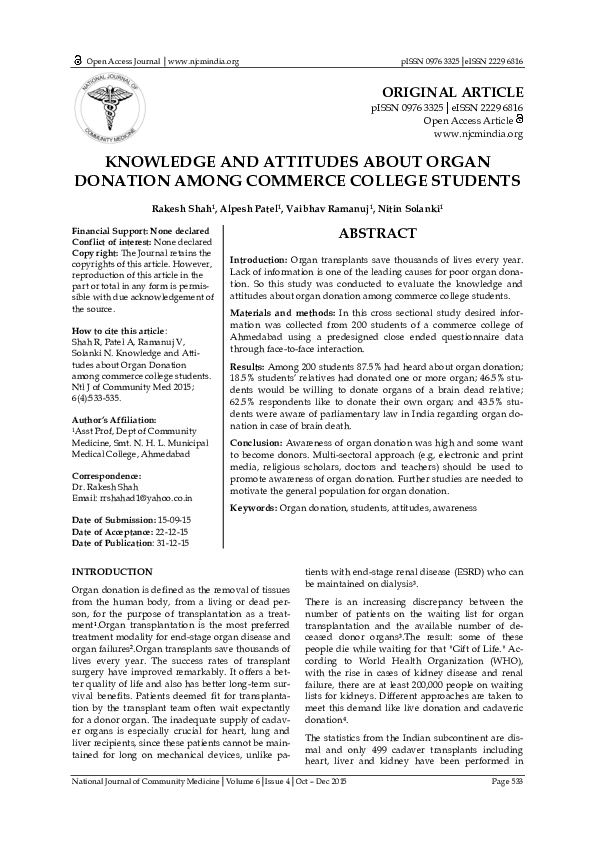 (PDF) KNOWLEDGE AND ATTITUDES ABOUT ORGAN DONATION AMONG COMMERCE COLLEGE STUDENTS | National ...
