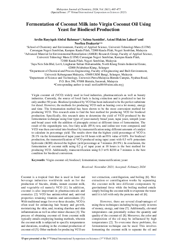 (PDF) Fermentation of Coconut Milk into Virgin Coconut Oil Using Yeast ...