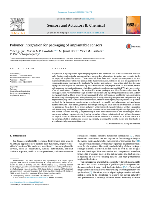 (PDF) Polymer integration for packaging of implantable sensors