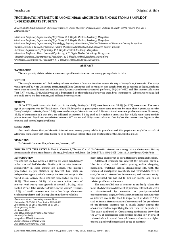 (PDF) Problematic Internet Use Among Indian Adolescents: Finding from a ...