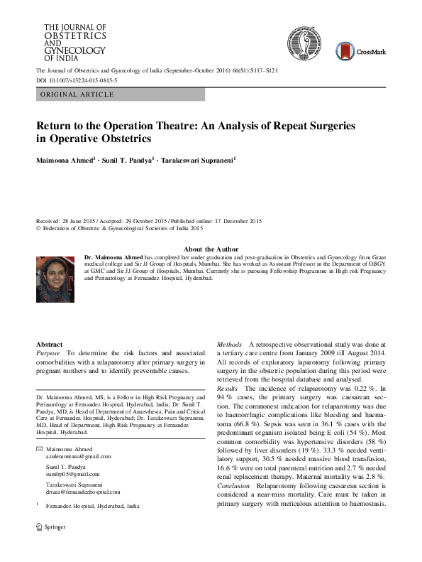 (PDF) Return to the Operation Theatre: An Analysis of Repeat Surgeries ...