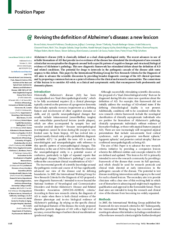 (PDF) Revising the definition of Alzheimer's disease: a new lexicon ...