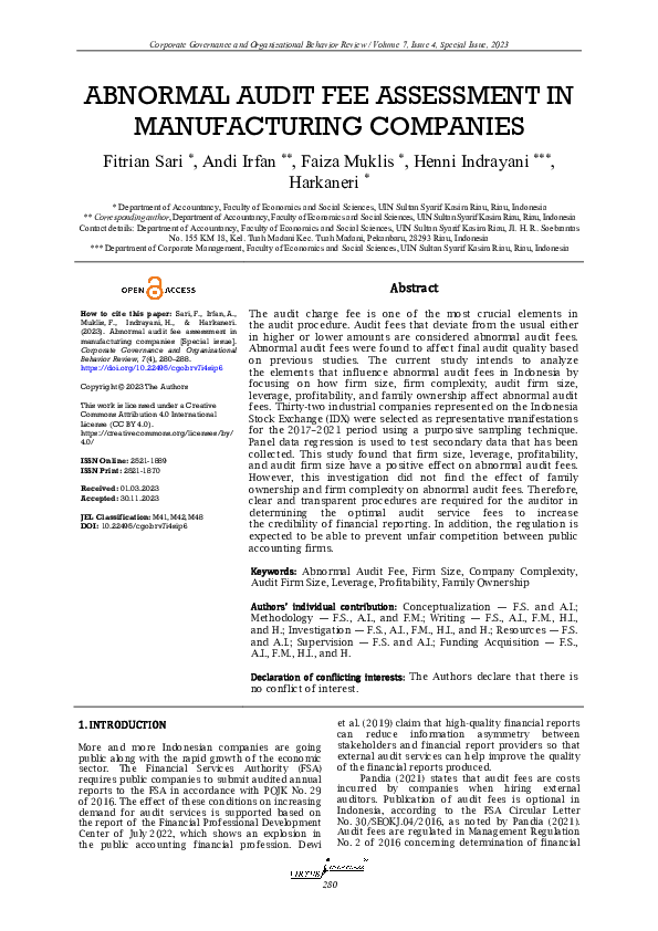 (PDF) ABNORMAL AUDIT FEE ASSESSMENT IN MANUFACTURING COMPANIES