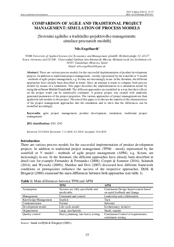 (PDF) Comparison of Agile and Traditional Project Management: Simulation of Process Models