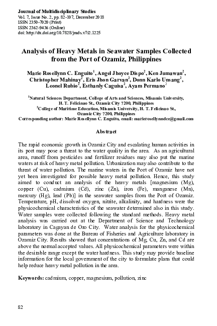 (PDF) Analysis of Heavy Metals in Seawater Samples Collected from the ...