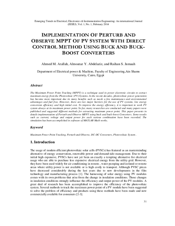 Pdf Implementation Of Perturb And Observe Mppt Of Pv System With