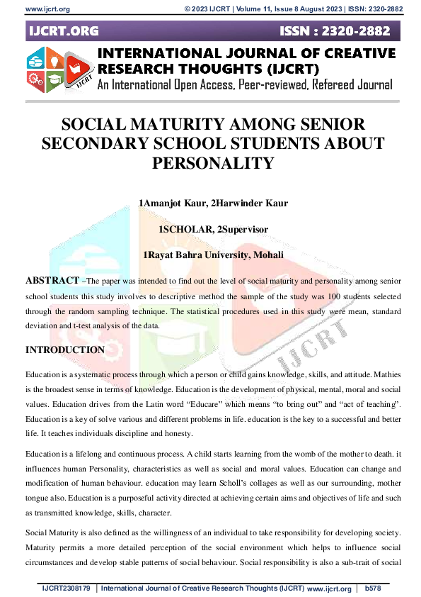 (PDF) SOCIAL MATURITY AMONG SENIOR SECONDARY SCHOOL STUDENTS ABOUT ...