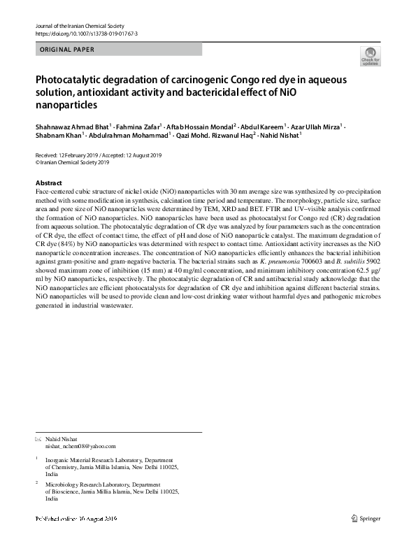 (PDF) Photocatalytic degradation of carcinogenic Congo red dye in aqueous solution, antioxidant ...