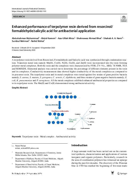 (PDF) Enhanced performance of terpolymer resin derived from resorcinol ...