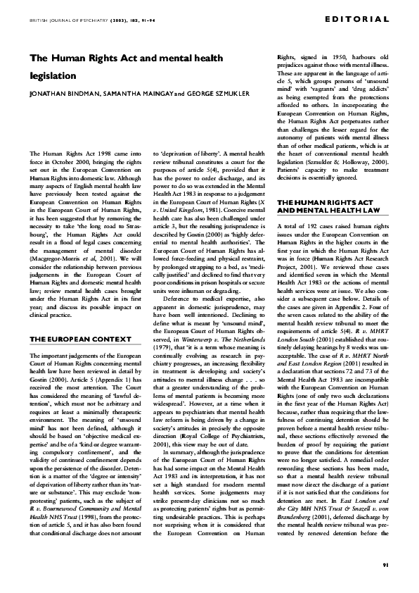 (PDF) The Human Rights Act and mental health The Human Rights Act and ...
