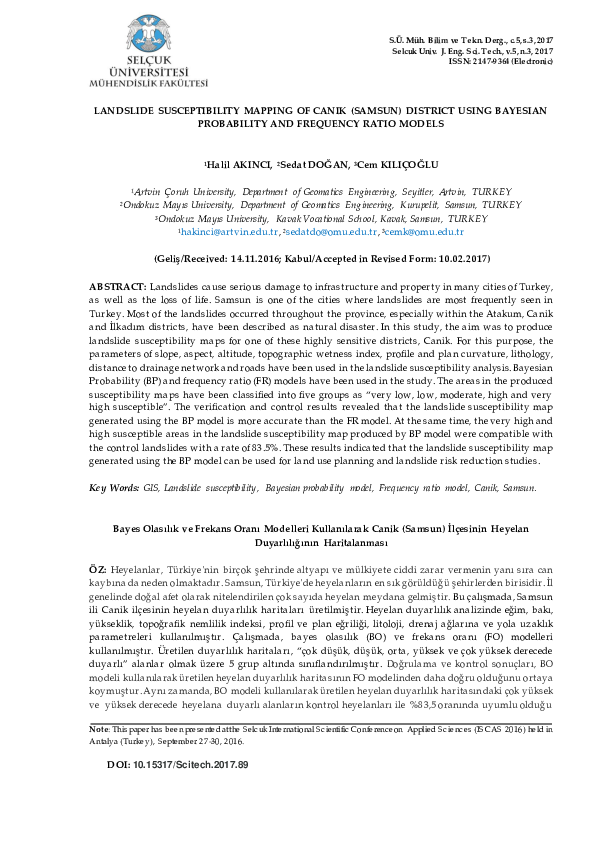 (PDF) Landslide Susceptibility Maps of Canik (Samsun) District Using Bayesian Probability Model ...