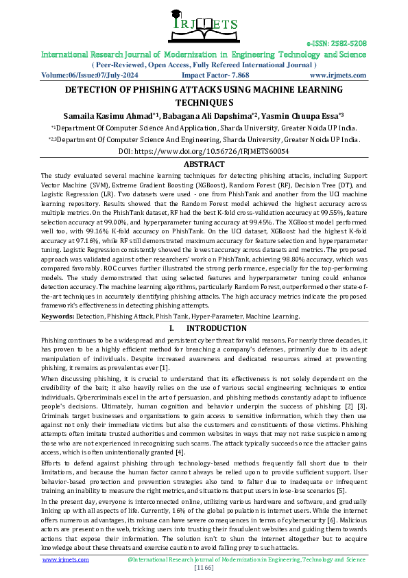(PDF) DETECTION OF PHISHING ATTACKS USING MACHINE LEARNING TECHNIQUES
