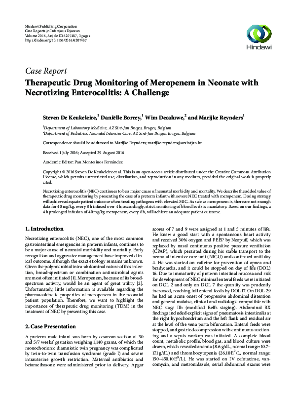 (PDF) Therapeutic Drug Monitoring of Meropenem in Neonate with Necrotizing Enterocolitis: A ...