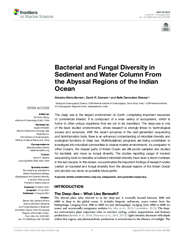 (PDF) Bacterial and Fungal Diversity in Sediment and Water Column From the Abyssal Regions of ...