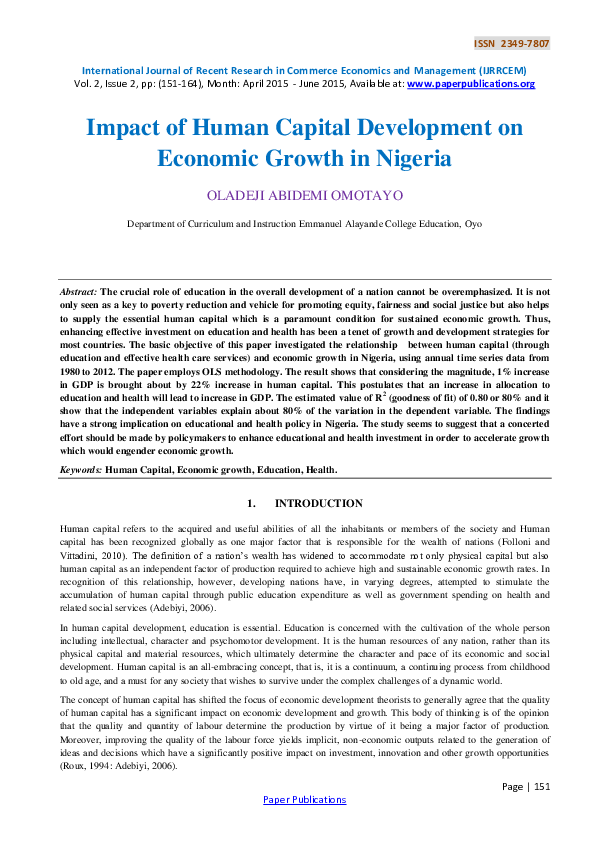 (PDF) Impact of Human Capital Development on Economic Growth in Nigeria