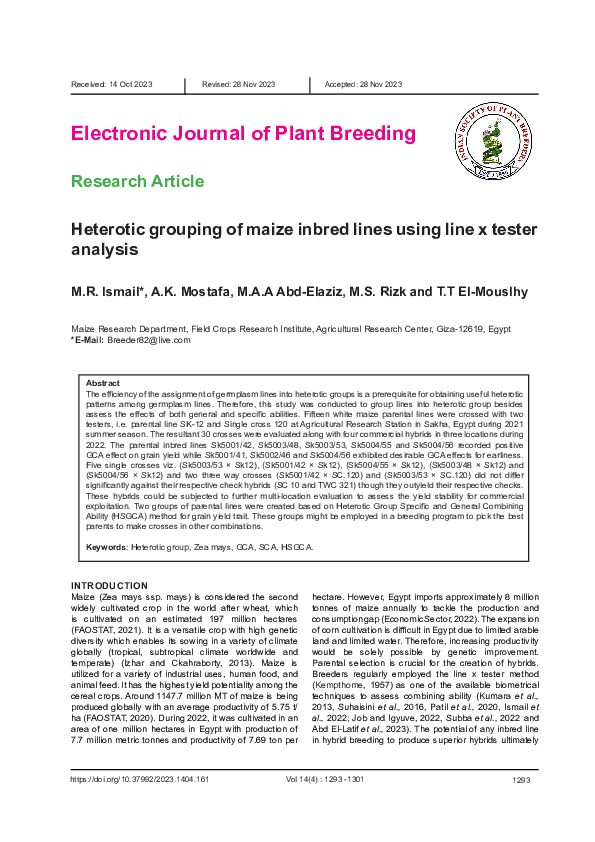 (PDF) Heterotic Grouping Of Maize Inbred Lines Using Line X Tester Analysis
