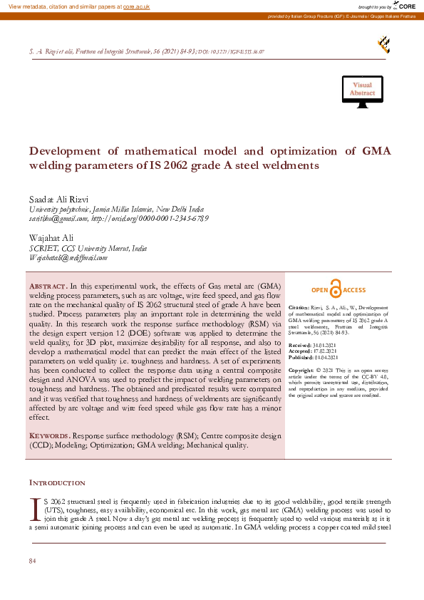 (PDF) Development of mathematical model and optimization of GMA welding parameters of IS 2062 ...