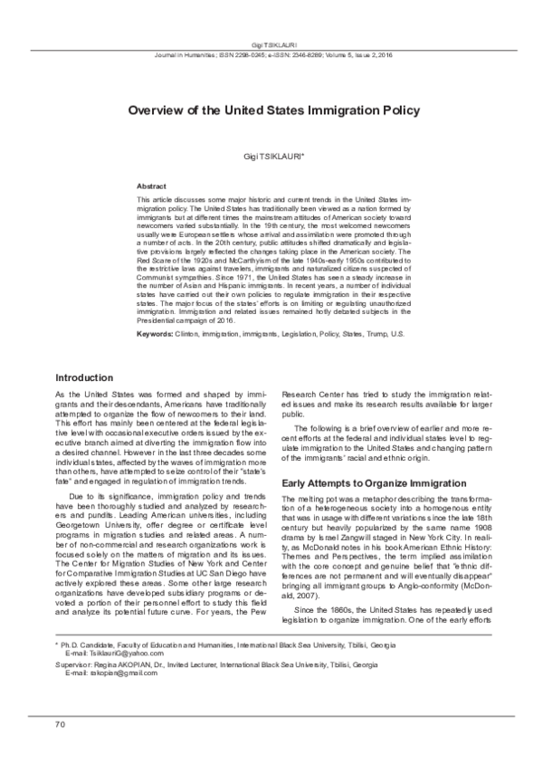 (PDF) Overview of the United States Immigration Policy