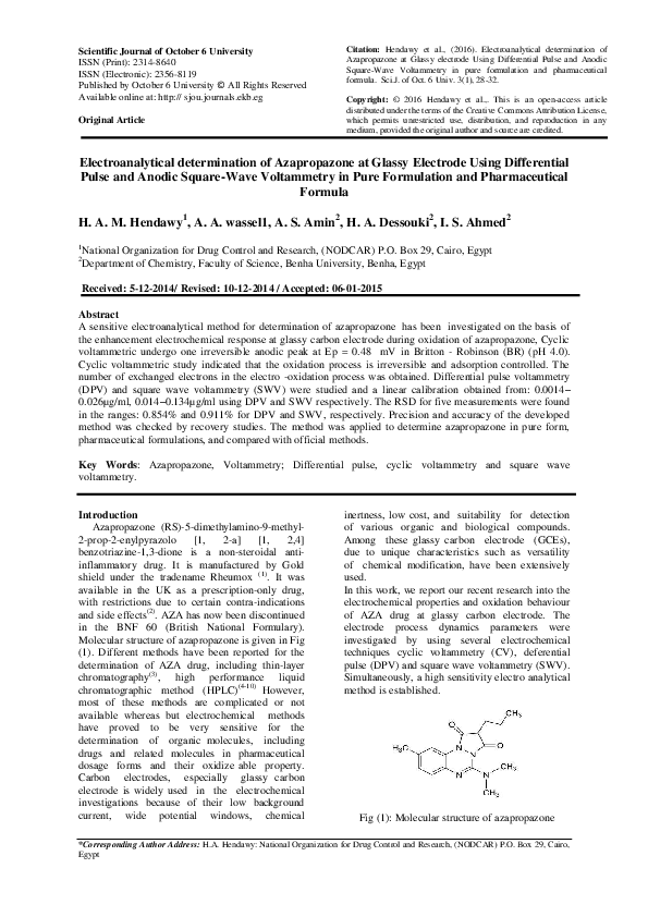 (PDF) Electroanalytical determination of Azapropazone at Glassy Electrode Using Differential ...