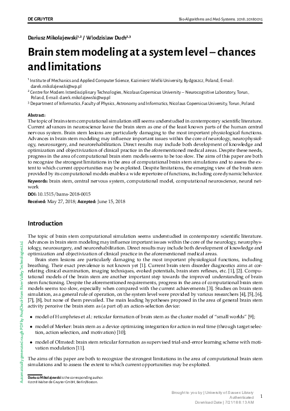 (PDF) Brain stem modeling at a system level – chances and limitations