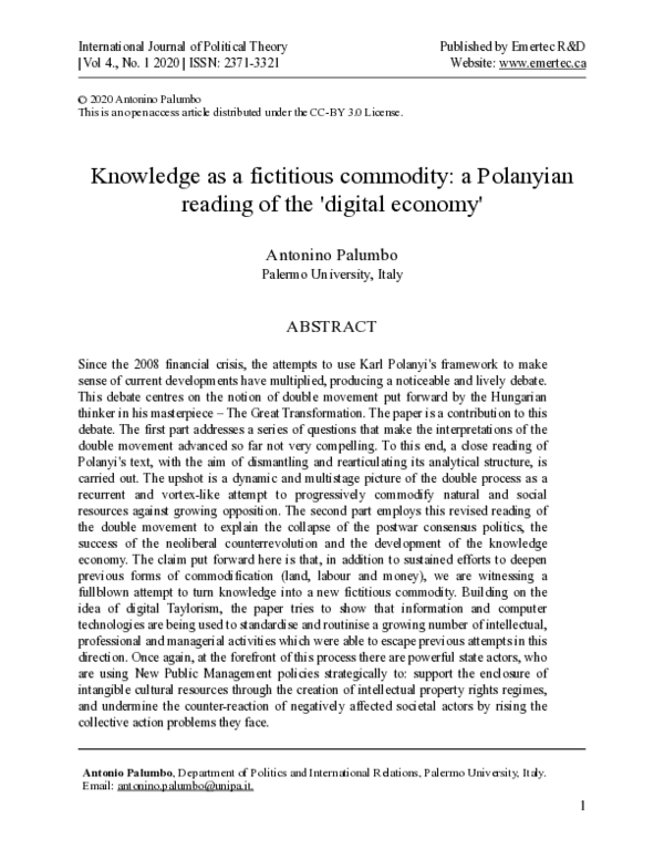(PDF) Knowledge as a fictitious commodity: a Polanyian reading of the 'digital economy'