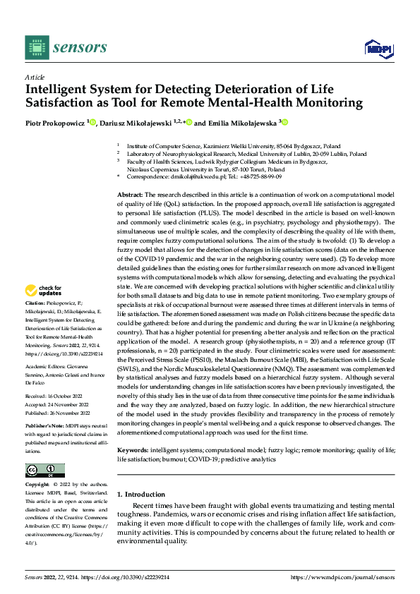 (PDF) Intelligent System for Detecting Deterioration of Life Satisfaction as Tool for Remote ...