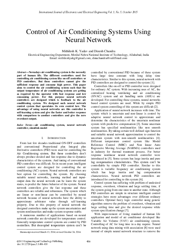 (PDF) Control of Air Conditioning Systems Using Neural Network