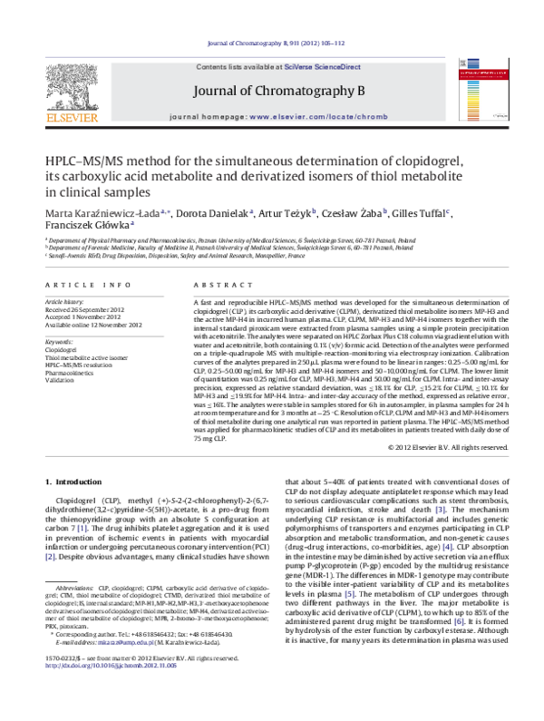 (PDF) HPLC–MS/MS method for the simultaneous determination of clopidogrel, its carboxylic acid ...