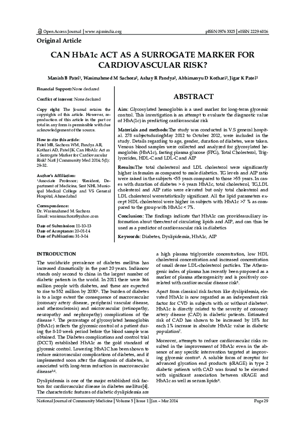 (PDF) CAN HbA1c ACT AS A SURROGATE MARKER FOR CARDIOVASCULAR RISK