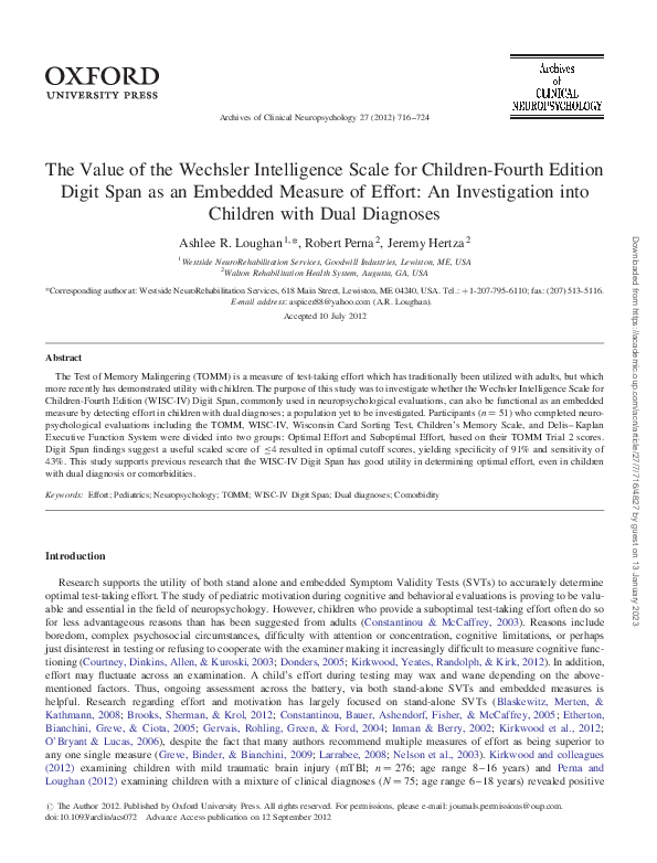 (PDF) The Value of the Wechsler Intelligence Scale for Children-Fourth ...