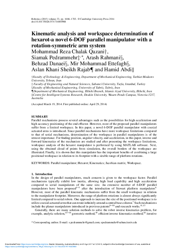 (PDF) Kinematic analysis and workspace determination of hexarot-a novel 6-DOF parallel ...