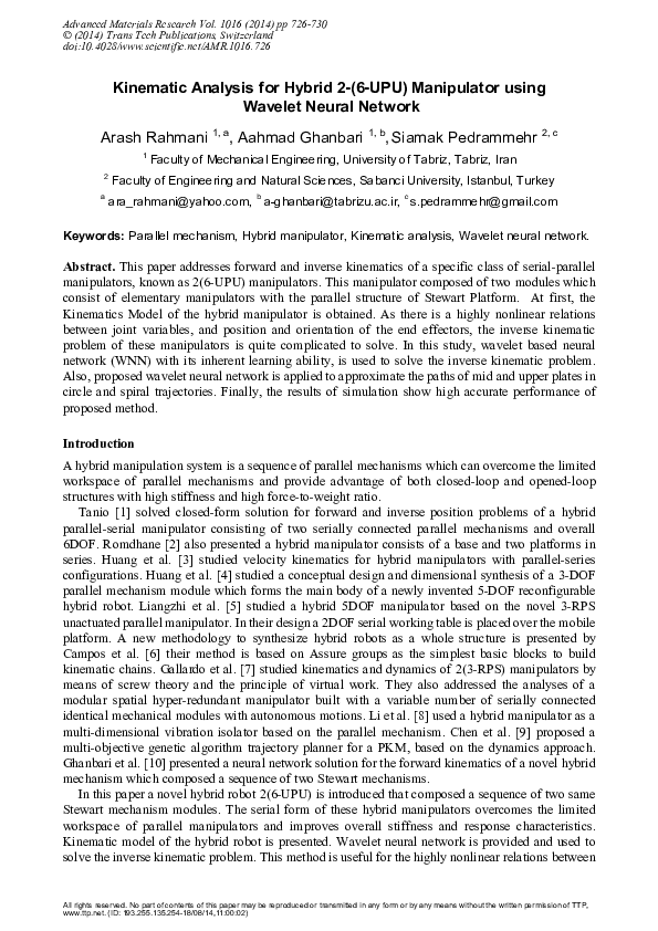 (PDF) Kinematic Analysis for Hybrid 2-(6-UPU) Manipulator Using Wavelet Neural Network
