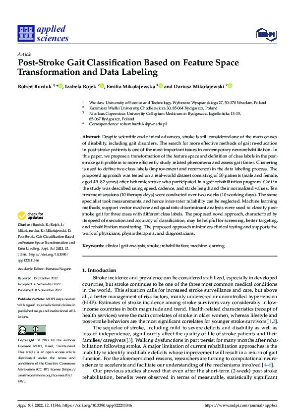 (PDF) Post-Stroke Gait Classification Based on Feature Space Transformation and Data Labeling