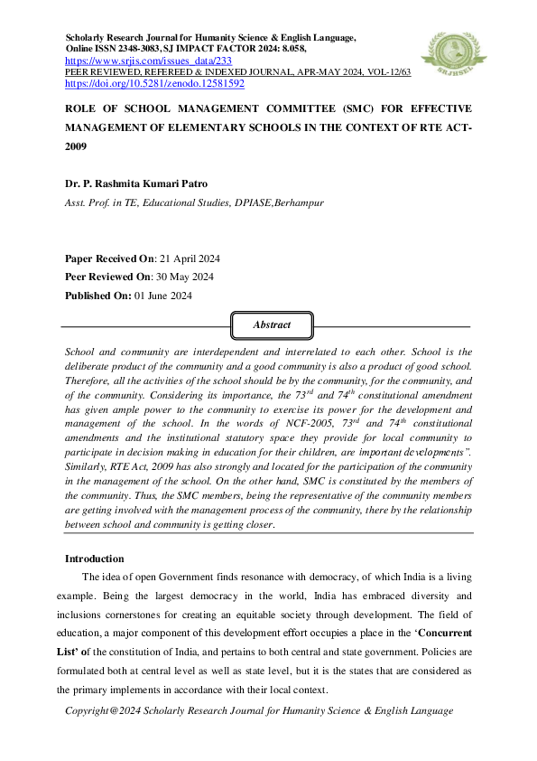 (PDF) ROLE OF SCHOOL MANAGEMENT COMMITTEE (SMC) FOR EFFECTIVE ...