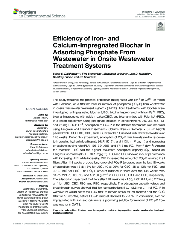 (PDF) Efficiency of Iron- and Calcium-Impregnated Biochar in Adsorbing Phosphate From Wastewater ...