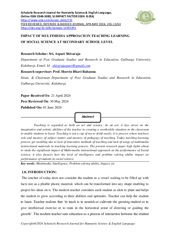 (PDF) IMPACT OF MULTIMEDIA APPROACH IN TEACHING LEARNING OF SOCIAL ...