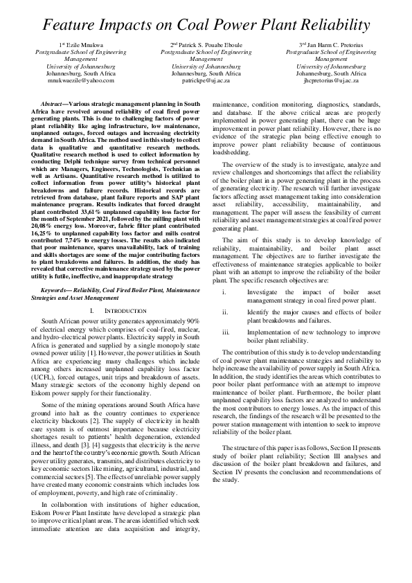 (PDF) Feature Impacts on Coal Power Plant Reliability